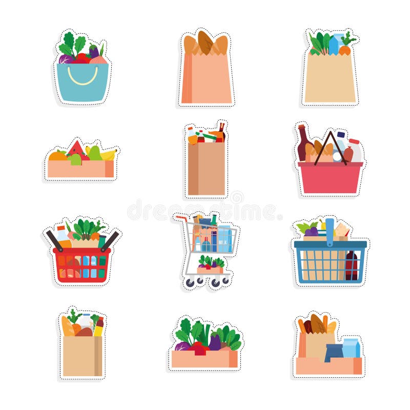 Set of grocery stickers. stock vector. Illustration of lunch - 59304640
