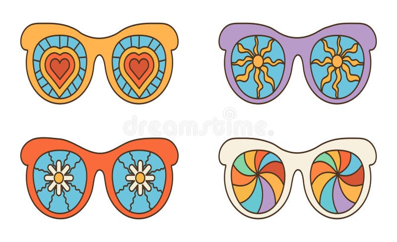 Set Groovy, Psychedelic Sunglasses in 70s Retro Hippie Style. Stock Vector - Illustration of ...