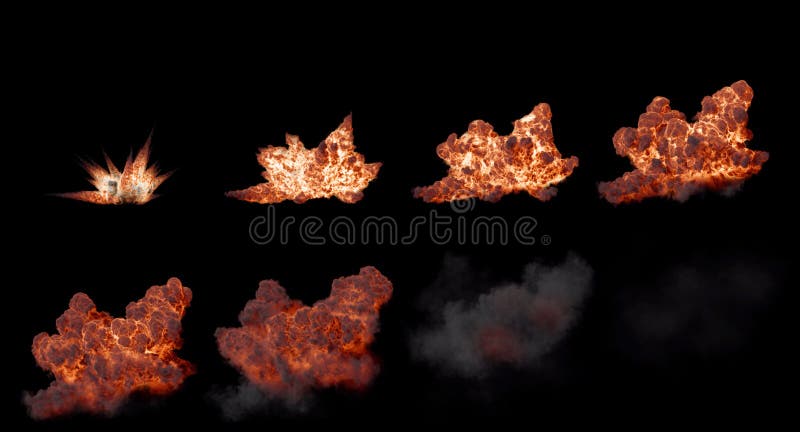 Set of Ground Fire and Smoke Explosion Isolated on Black Background ...