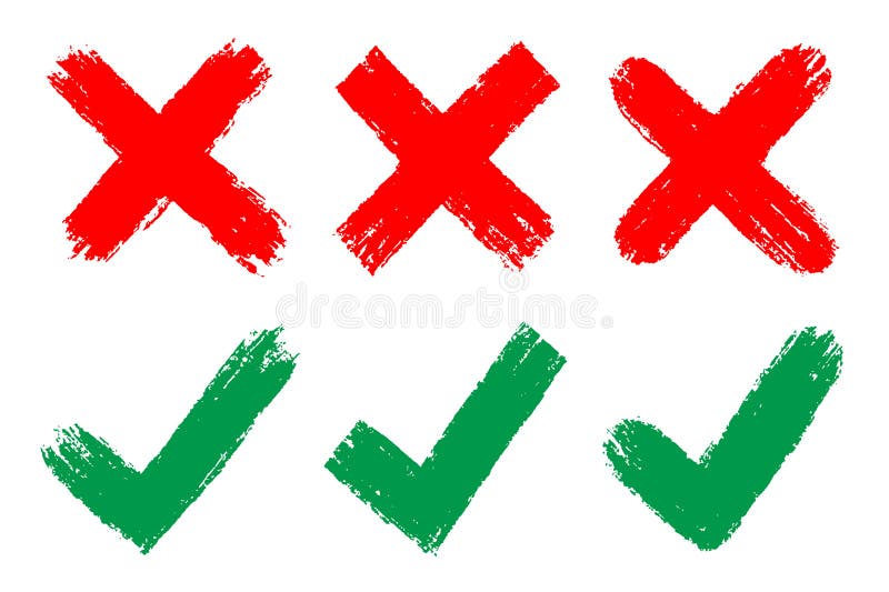 Set of a Grunge Vector Illustration of Check Marks and Cross Signs in ...