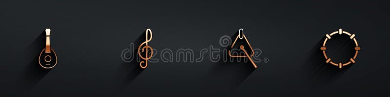 Set Guitar, Treble Clef, Triangle and Tambourine Icon with Long Shadow ...