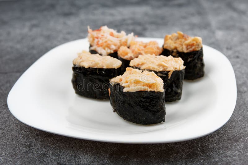 Gunkan-sushi in Nori with Salmon and Tobiko, Close-up, White Background ...