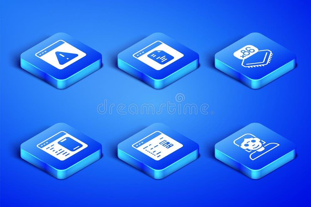 Set Hacker or Coder, Browser with Exclamation Mark, Software, and Processor Microcircuits CPU ...