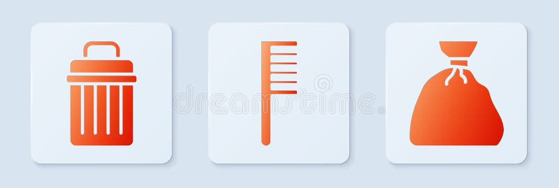 Set Hairbrush, Trash Can and Garbage Bag. White Square Button Stock ...