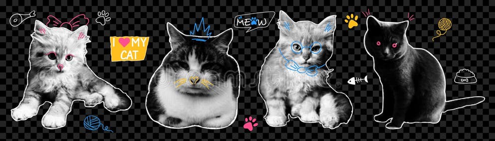 Set of Halftone Cats with Doodle Elements. Vector Elements in Pop Art ...