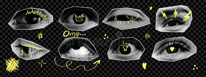 Set of Halftone Eyes with Doodle Elements. Y2k Collage Design. Modern ...