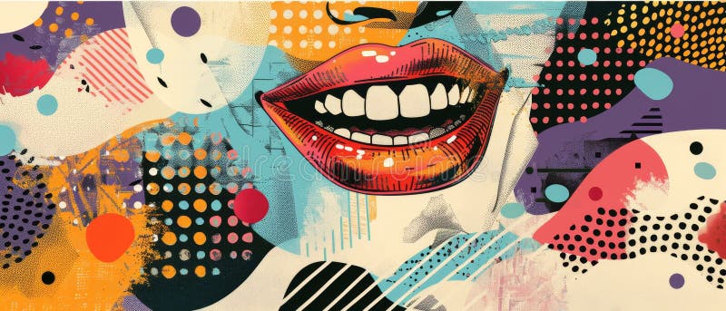 A Set of Halftone Laughing Lips with Grunge Elements. a Collage Mouth ...