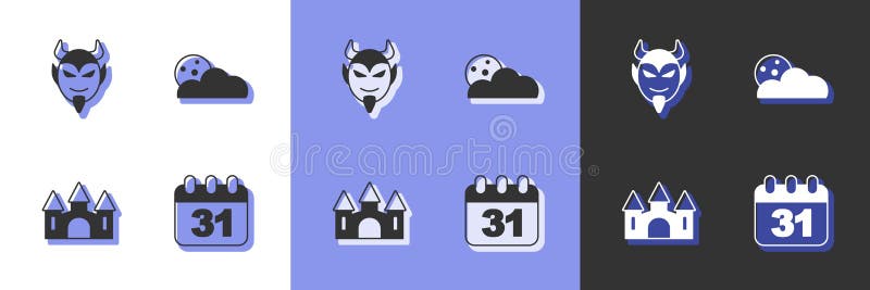 Set Halloween Date 31 October, Devil Head, Castle and Moon and Stars ...