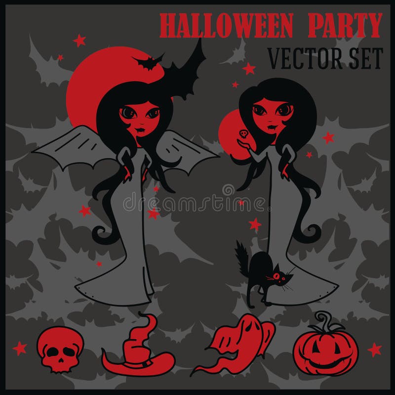 Set of Halloween Things, Cartoon Style Witch and Lady Vampire Stock ...
