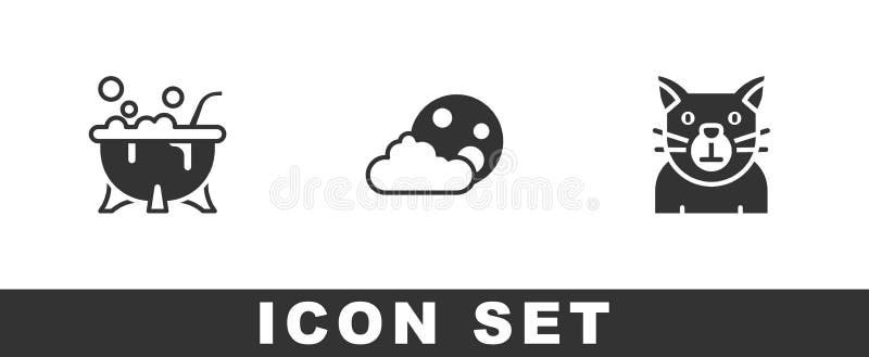 Set Halloween Witch Cauldron, Moon and Stars and Cat Icon. Vector Stock ...