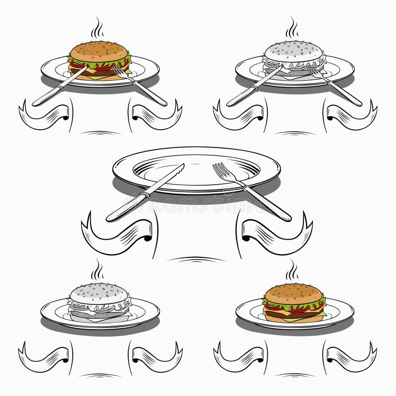 Set of Hamburger, Plates and Cutlery Stock Vector - Illustration of ...