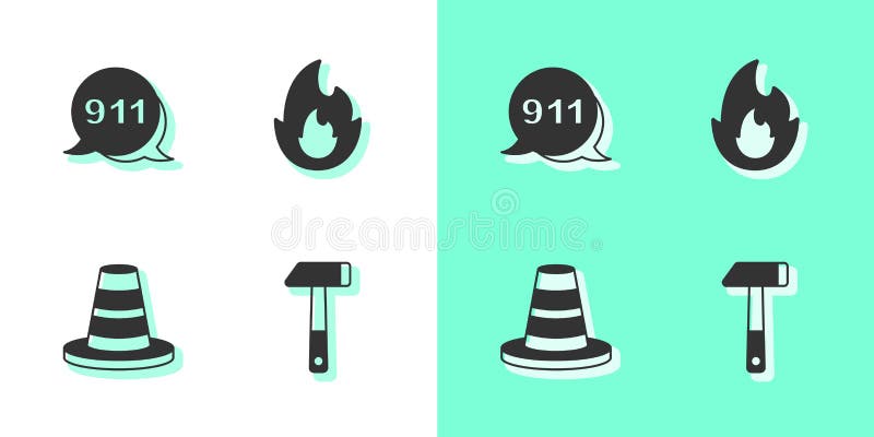 Set Hammer, Emergency Call 911, Traffic Cone and Fire Flame Icon ...