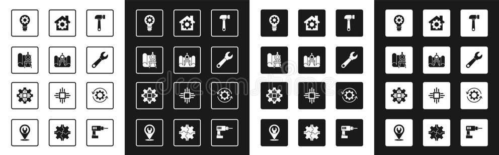 Set Hammer, Graphing Paper and Compass, Light Bulb Gear, Wrench Spanner ...