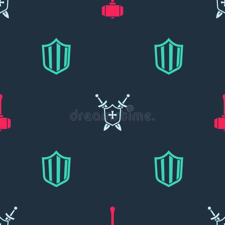 Set Hammer, Medieval Shield with Swords and Shield on Seamless Pattern ...