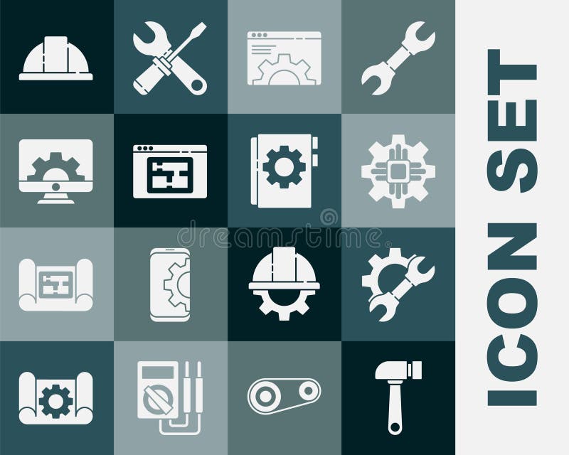 Set Hammer, Wrench Spanner and Gear, Processor, Browser Setting, House ...