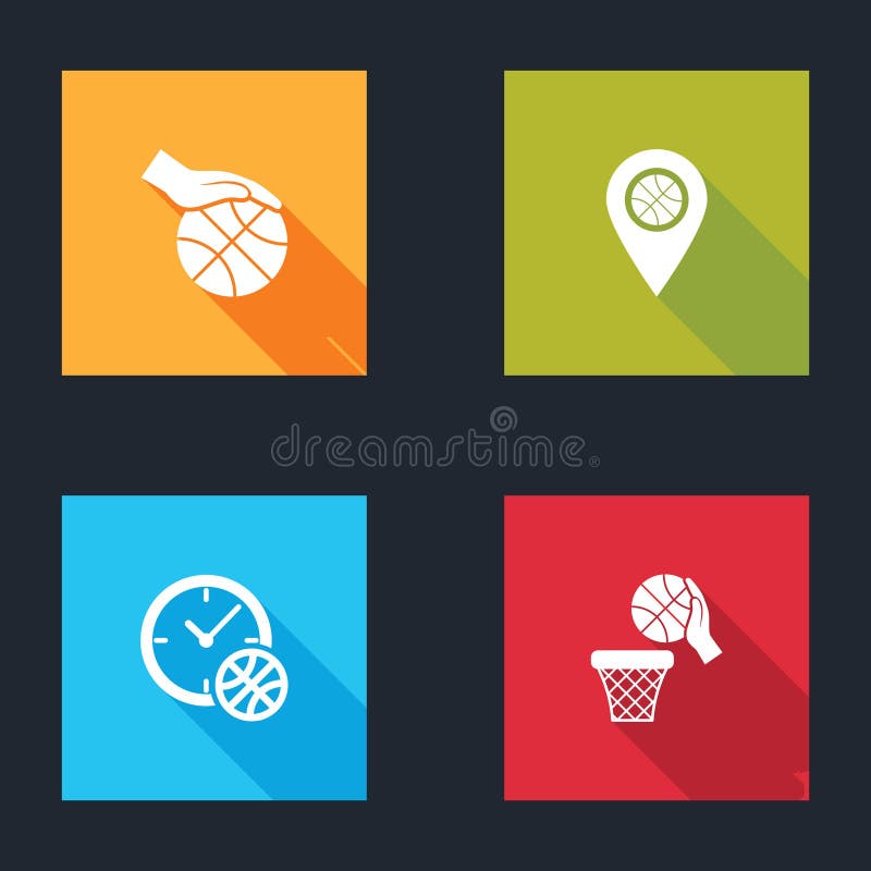 Set Hand with Basketball Ball, Location, Clock and Basketball Icon ...
