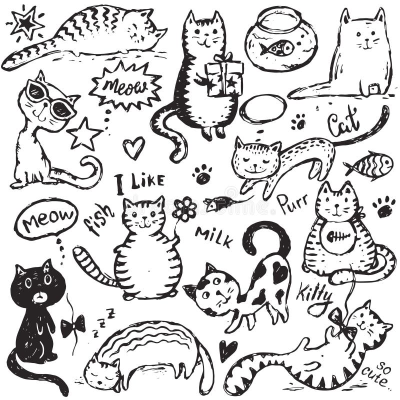 Set of Hand Draw Funny Cats in Sketch Style. Stock Vector ...