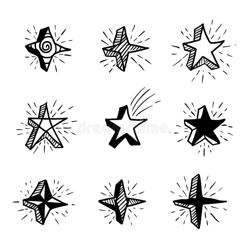Set of Hand Draw Icon Illustration Shiny Stars, Sparkle Stars, Glitter ...