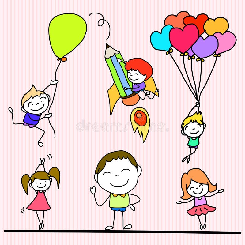 Set of Hand Drawing Cartoon Happy Kids Playing Stock Vector ...