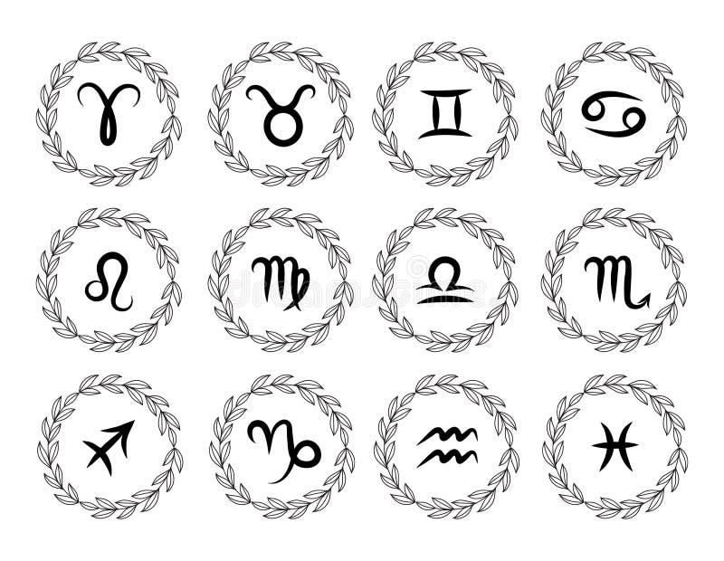 12 Zodiac Signs Symbol And Logo Lettering Black Calligraphy On White
