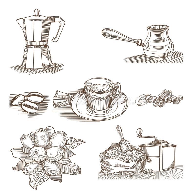 Set of Hand Drawings on Coffee Theme. Stock Vector - Illustration of ...