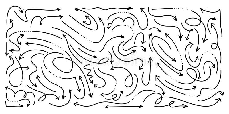 Set of Hand Drawn Arrows with Curvy Lines. Scribble Isolated Wavy ...