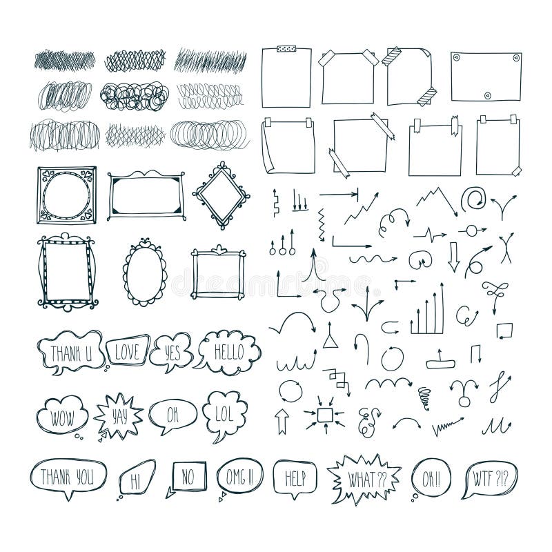 Set of Hand Drawn Arrows, Speech Bubbles, Frames and Note Papers Stock ...