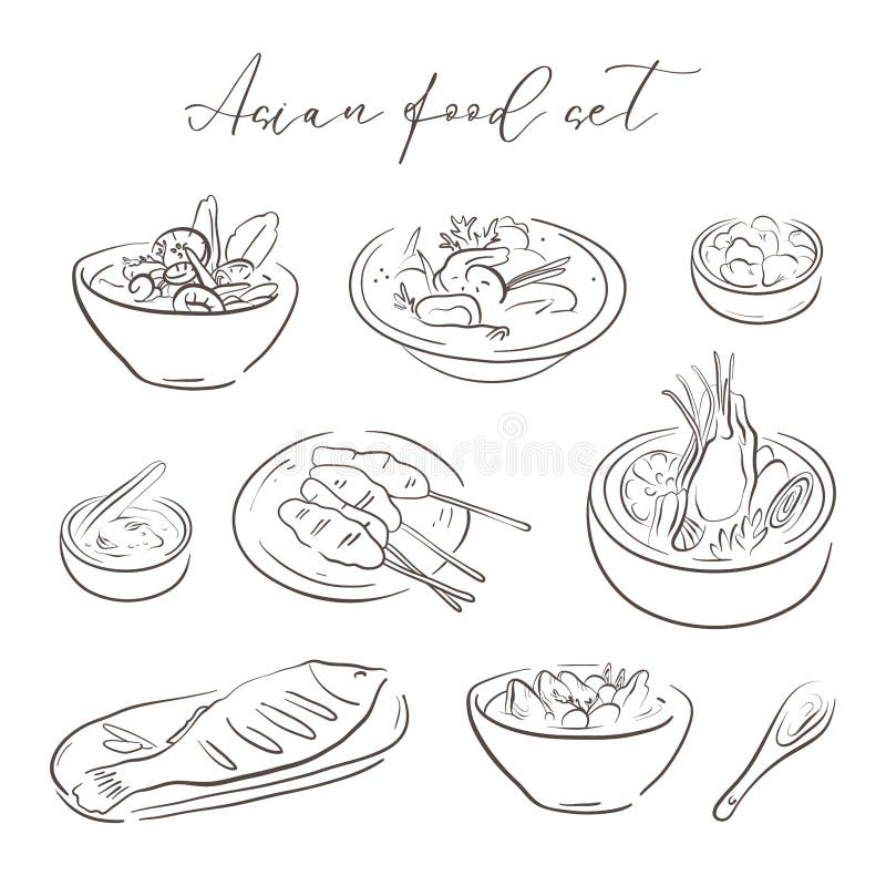 Set of Hand Drawn Asian Food Stock Vector - Illustration of vietnamese ...