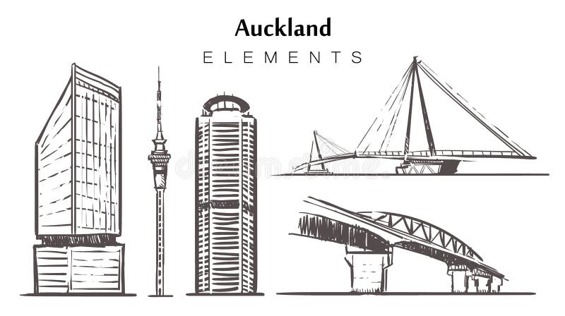 Set of Hand-drawn Auckland Buildings, Elements Sketch Stock ...