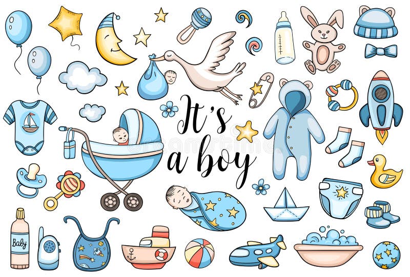 Set of Hand Drawn Baby Boy Doodles Stock Vector - Illustration of hand ...