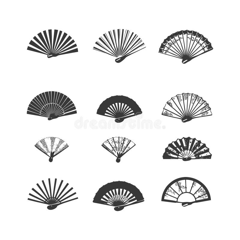 Collection of Hand Fans Various Designs, Black and White Illustration ...