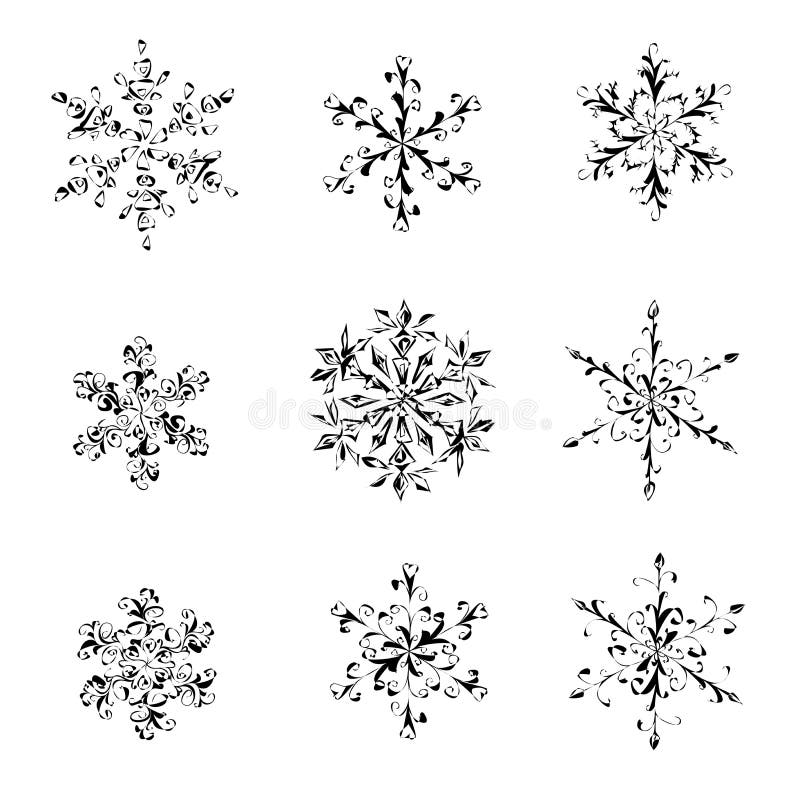 A Set of Hand-drawn Black-and-white Snowflake Stock Vector ...