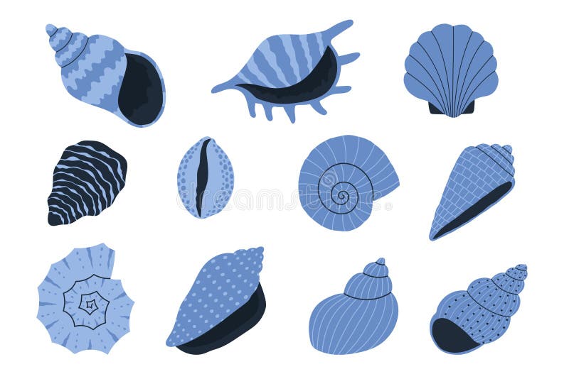 Set of Hand Drawn Blue Seashells. Design Elements for Print, Sticker ...
