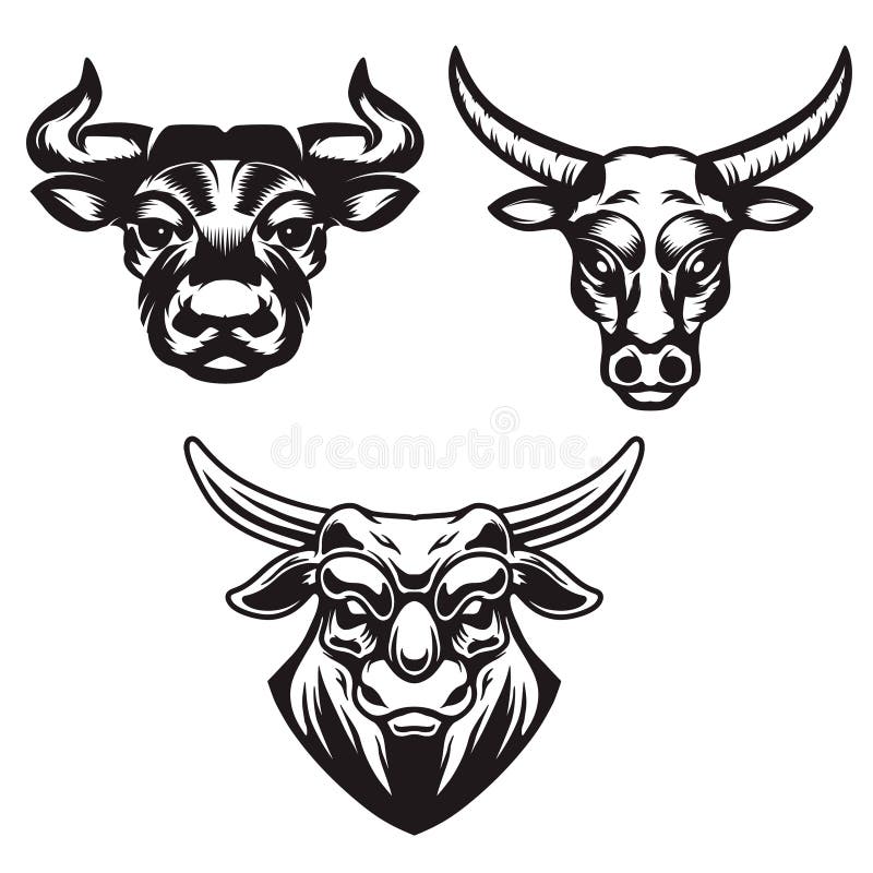 Set Of Hand Drawn Bull Heads On White Background Design Elements For Emblem Sign Badge Stock