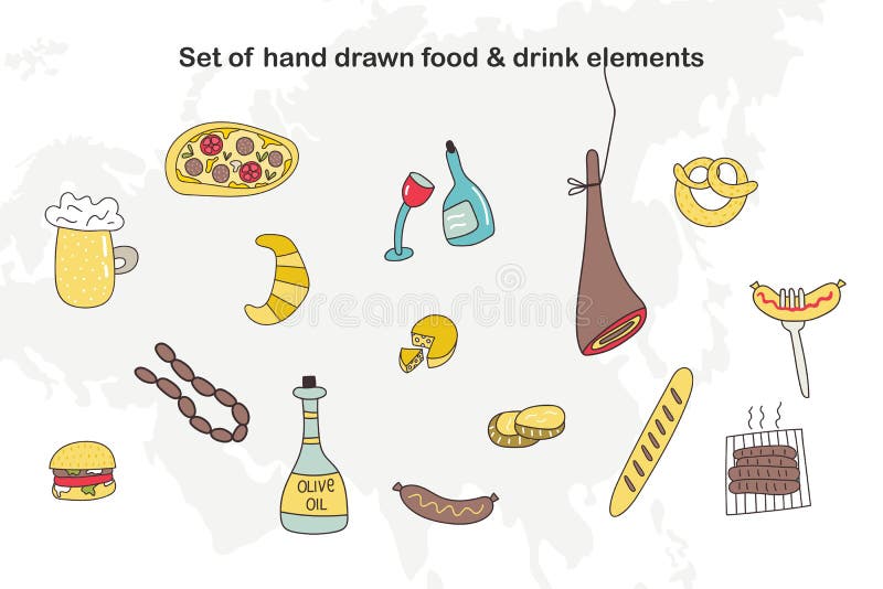 Set of Hand Drawn Cartoon Food and Drink Elements. Vector Illustration ... Set of Hand Drawn Cartoon Food and Drink Elements. Vector Illustration ...