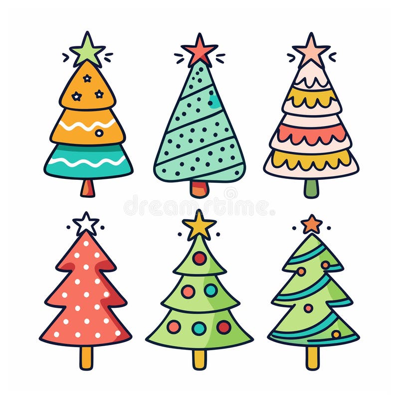 Colorful Cartoon Christmas Trees, Vector Illustration, Festive Holiday ...