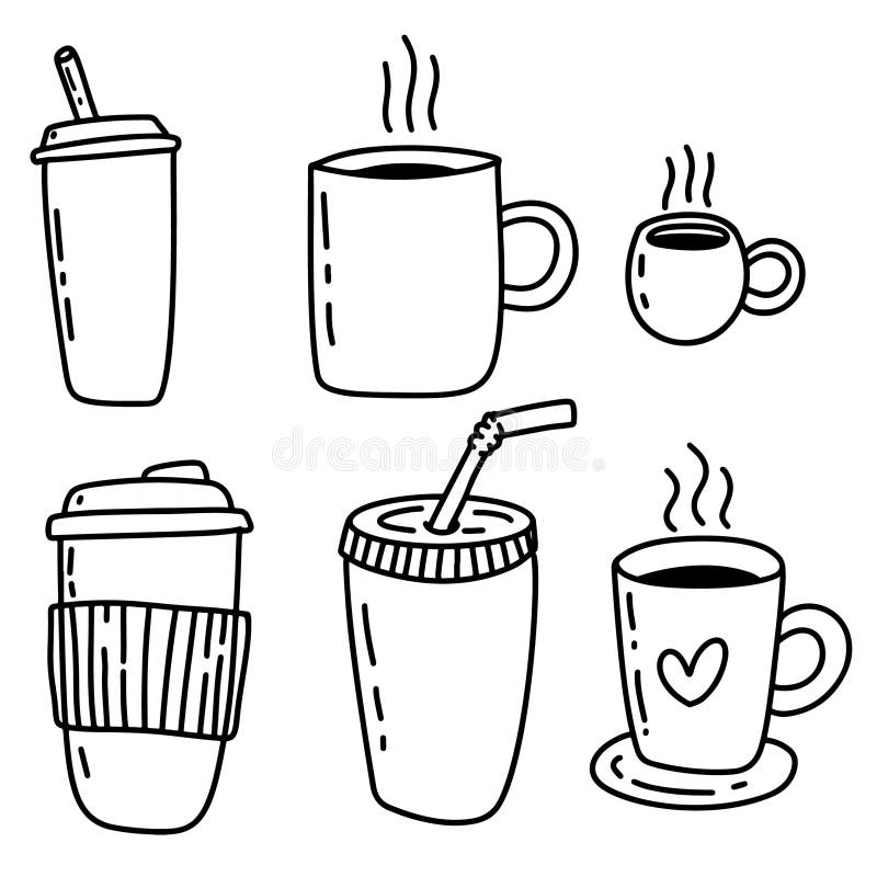 Set of Hand Drawn Coffee Cups. Set of Doodle Style Coffee Cups Stock ...
