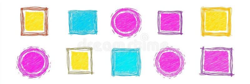 Set of Hand-drawn Colorful Doodle Frames in Various Shapes: Box, Square ...