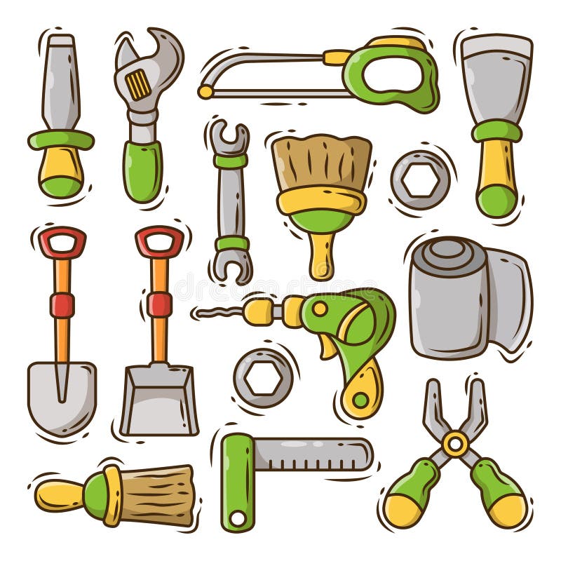 Set of Hand Drawn Construction Equipment Cartoon Doodle Bundle Stock ...