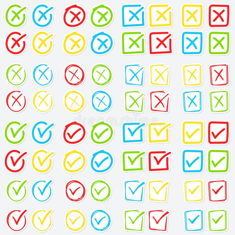 Set of Hand Drawn Cross Mark and Check Mark Stock Vector - Illustration ...