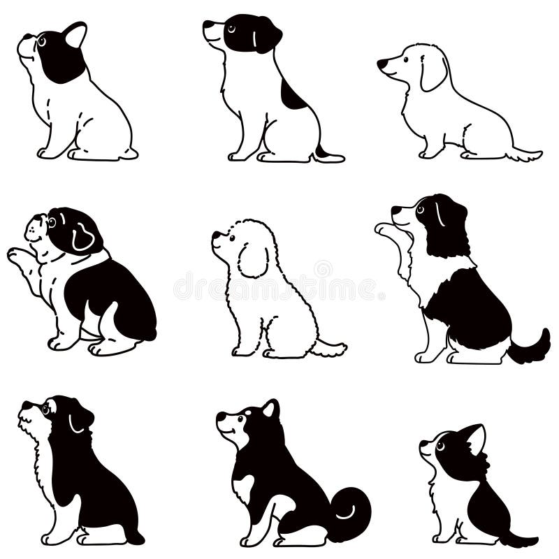 Set of Hand Drawn Cute Dogs Sitting in Side View Illustrations with ...