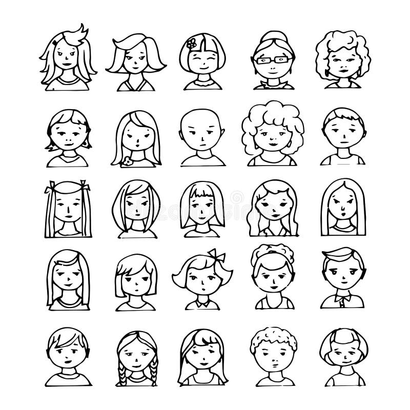 Set of Hand Drawn Doodle Avatars. Stock Vector - Illustration of kids ...