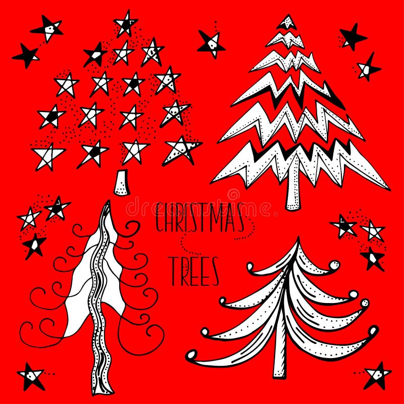 Set of Hand Drawn Doodle Christmas Trees on a Red Background Stock ...