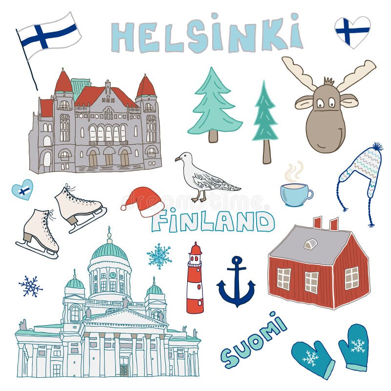 Set of Hand Drawn Doodle Icons of Helsinki, Finland. Stock Vector ...
