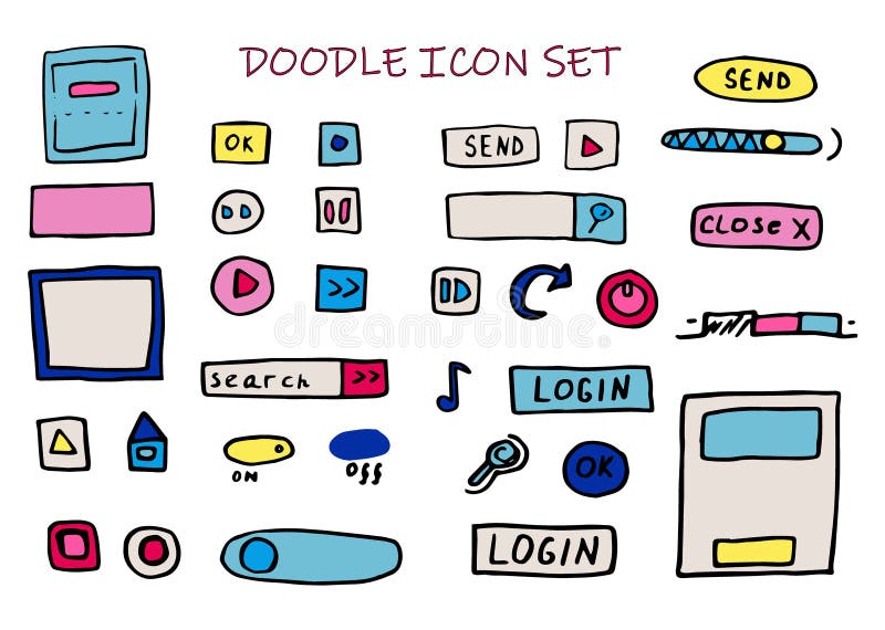 Set of Hand Drawn Doodle Icons Website Development Buttons Elements ...