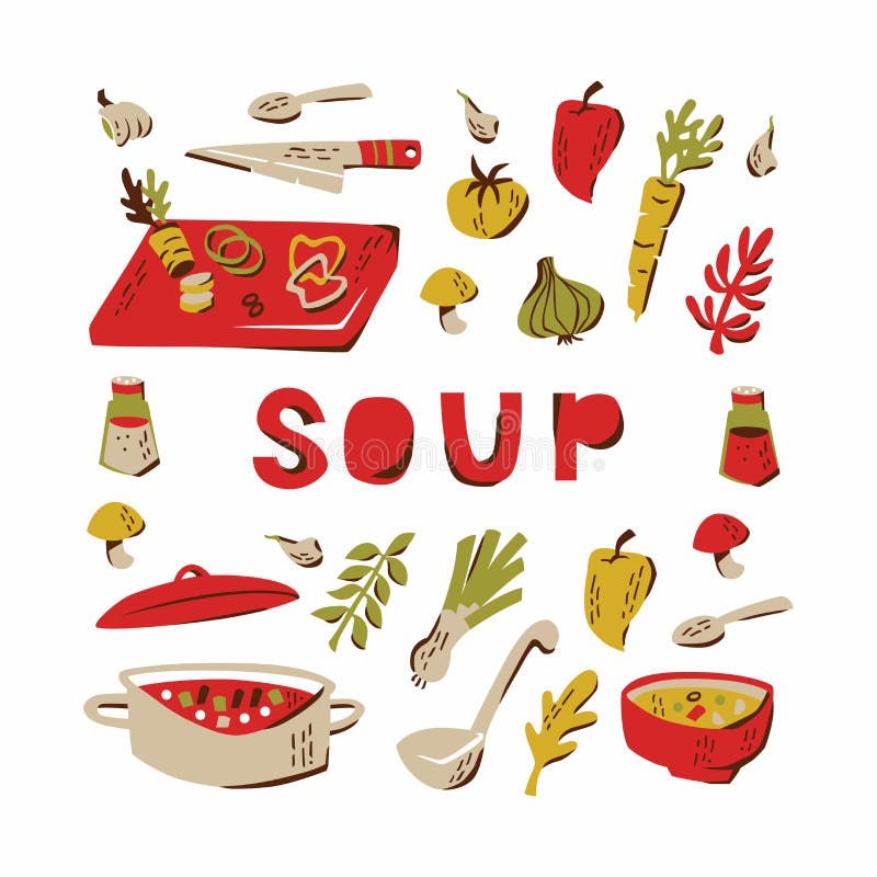 Soup and it`s Ingredients Doodle Vector Illustration in Cute Hand Drawn ...
