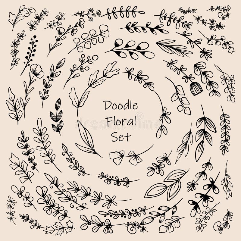 Set of Hand Drawn Doodle Tree Branches with Leaves. Outline Stock ...