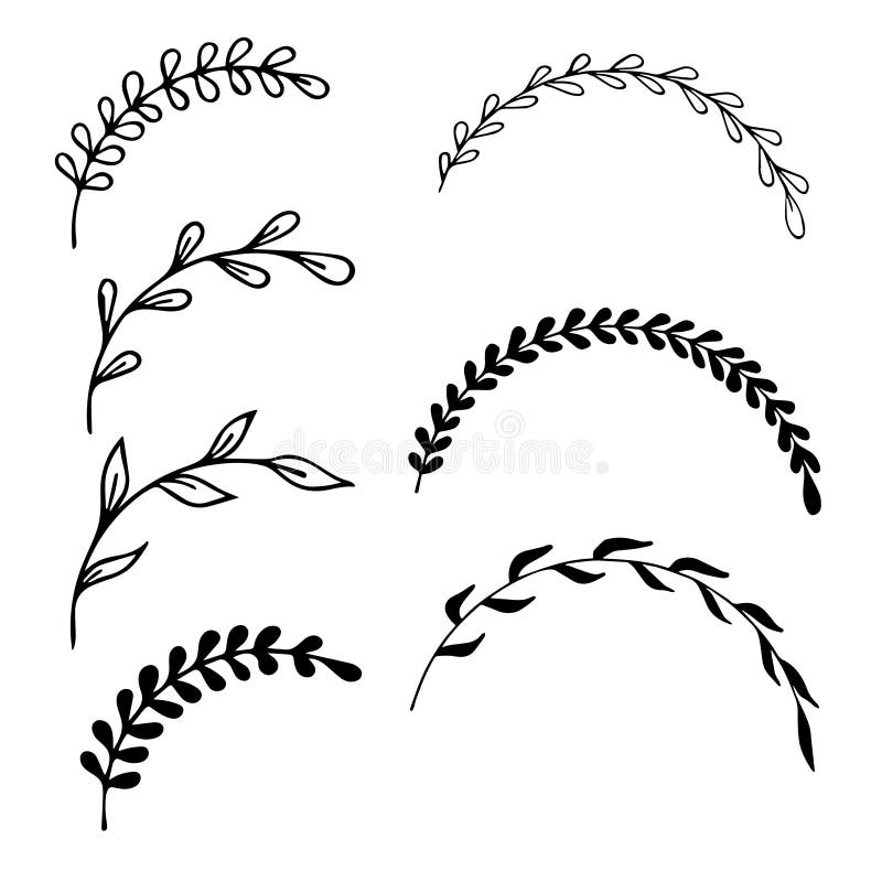 Set of Hand Drawn Doodle Tree Branches with Leaves on White Background ...