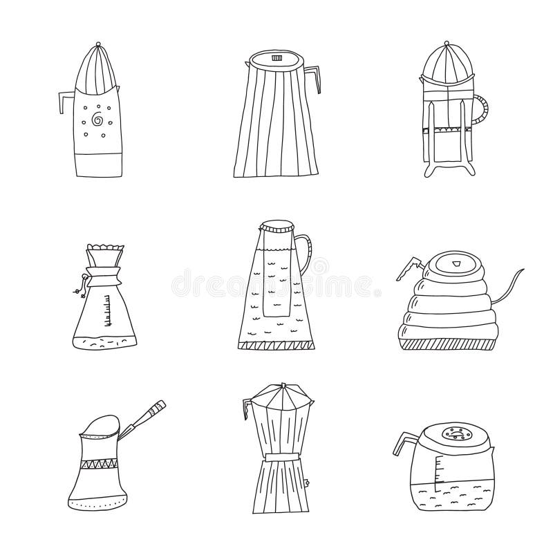 Set of Hand Drawn Doodle Vector Illustrations of Various Coffee Pots ...