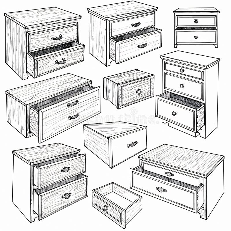 Set of Hand Drawn Drawers. Vector Illustration in Sketch Style. Stock ...